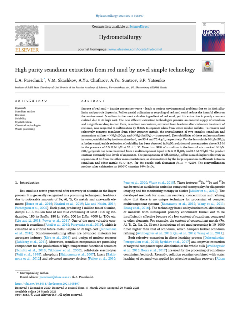 High Purity Scandium Extraction From Red Mud by Novel Simple Technology ...