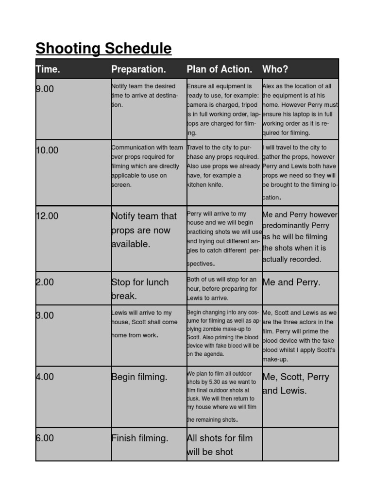Shooting Schedule | PDF | Language Arts & Discipline | Art