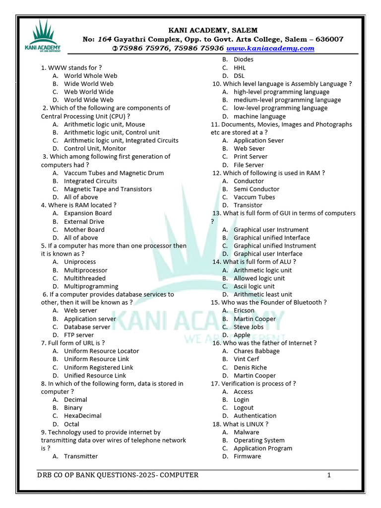 DRB Bank Computer Exam Questions 2025 | PDF | Random Access Memory | Bios