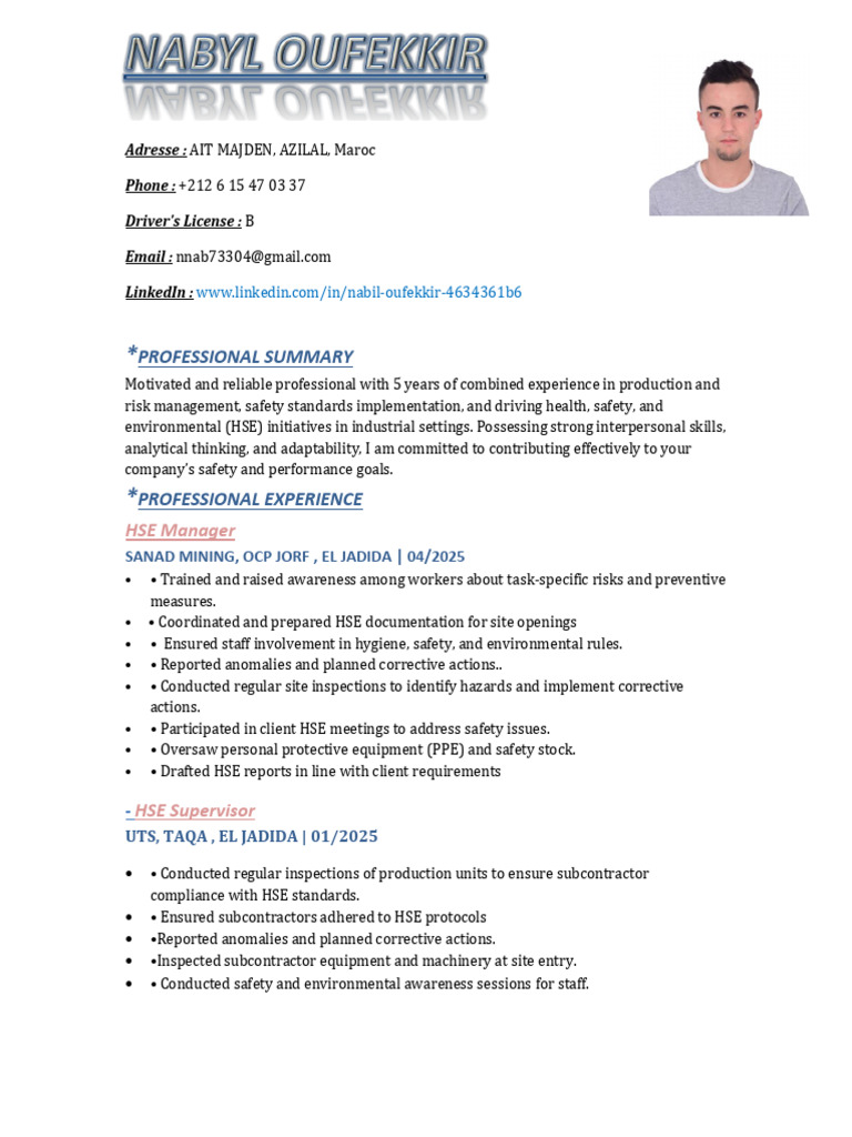 HSE Manager Resume - Nabil Oufekkir | PDF | Safety | Regulatory Compliance