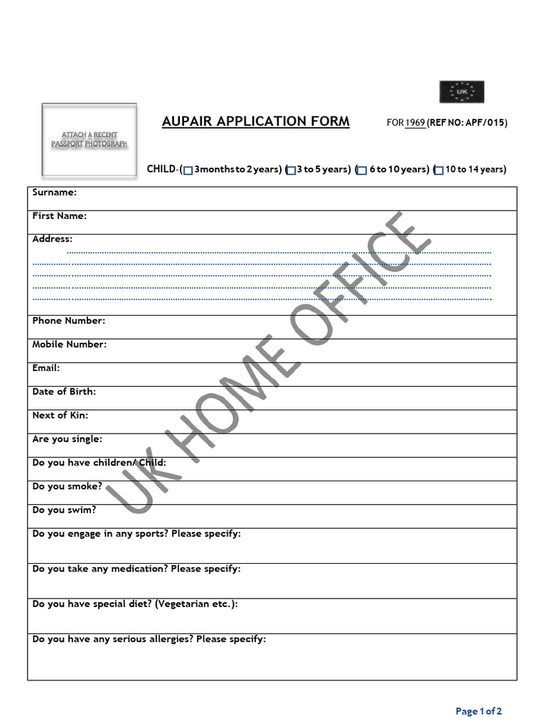 Au Pair Application Form UK | PDF