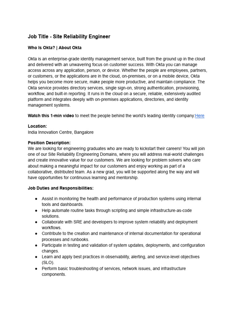 Site Reliability Engineer Job at Okta | PDF | Cloud Computing | Computing