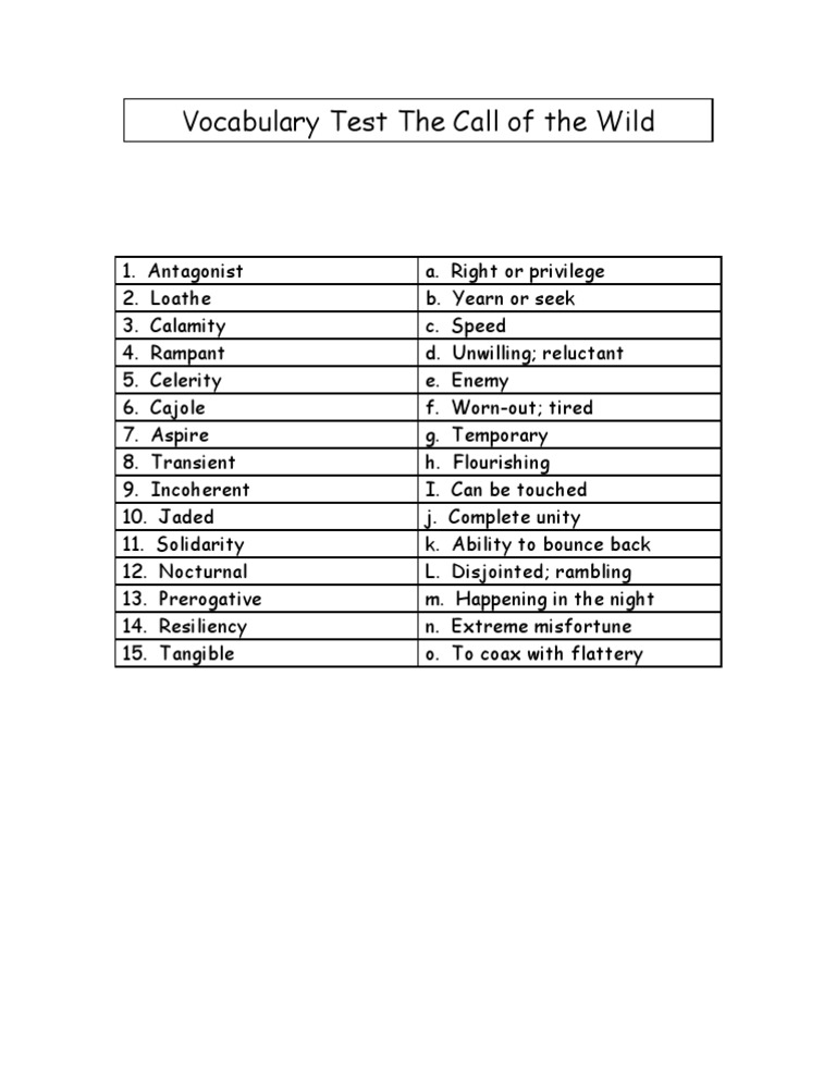 Vocabulary Test for "The Call of the Wild" | PDF