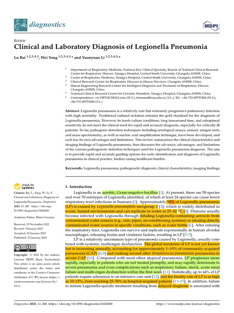 Legionella Pneumonia Diagnosis Review | PDF | Elisa | Pneumonia