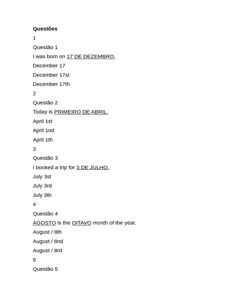 Datas em Ingles | PDF