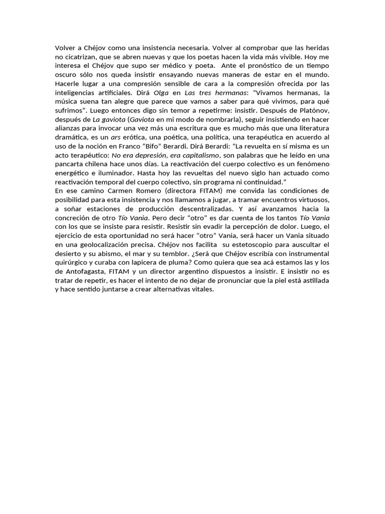 Volver A Chéjov Como Una Insistencia Al Comprobar Que La Herida Seguirá ...