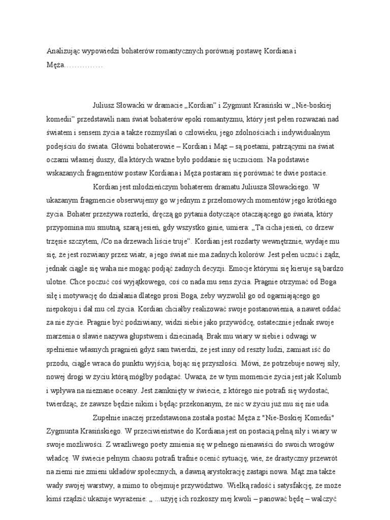 Analizując Wypowiedzi Bohaterów Romantycznych Porównaj Postawę Kordiana I Męża | PDF