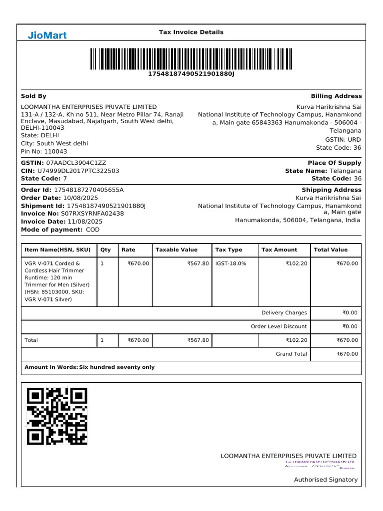 VGR V-071 Hair Trimmer Invoice Details | PDF | Invoice | Government ...