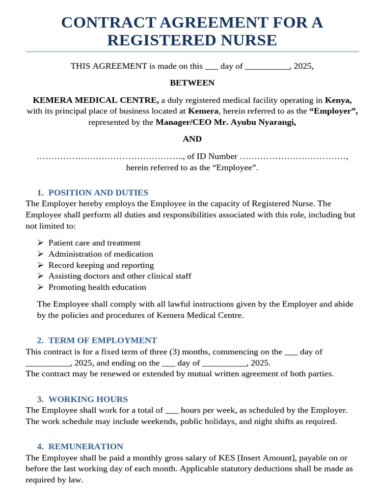 Nurse Contract Kemera Medical Centre | PDF | Employment | Business