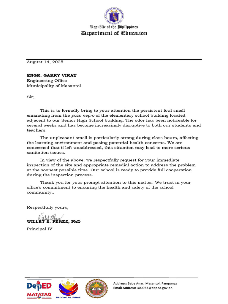 Foul Odor Complaint at Masantol High School | PDF