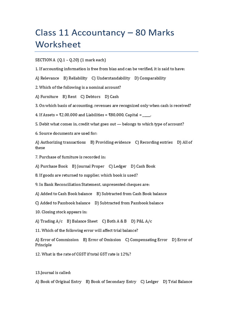 Class 11 Accountancy Worksheet Guide | PDF | Debits And Credits ...