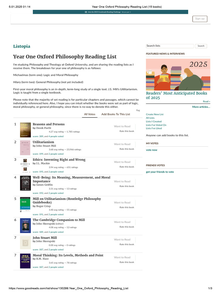 Year One Oxford Philosophy Reading List (15 Books) | PDF | Ethical Theories