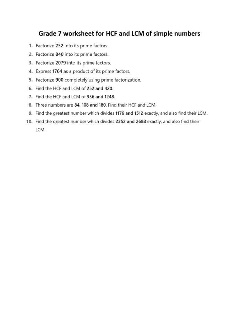 Grade 7 Worksheet For HCF and LCM of Simple Numbers | PDF