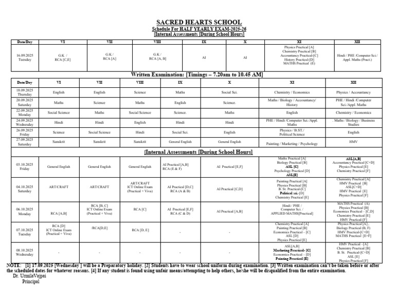 Half Yearly Date Sheet - VI To Xii - (Student Copy) - Final | PDF
