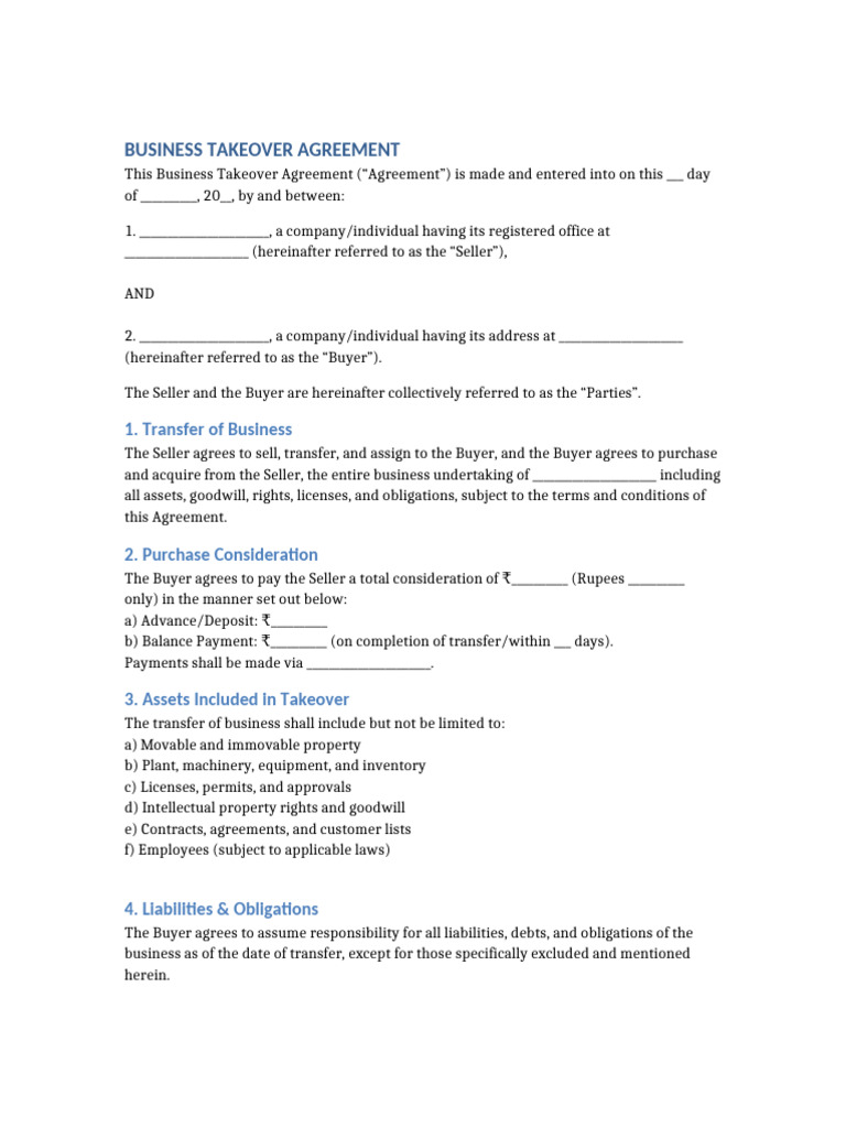 Business Takeover Agreement | PDF | Goodwill (Accounting) | Procurement