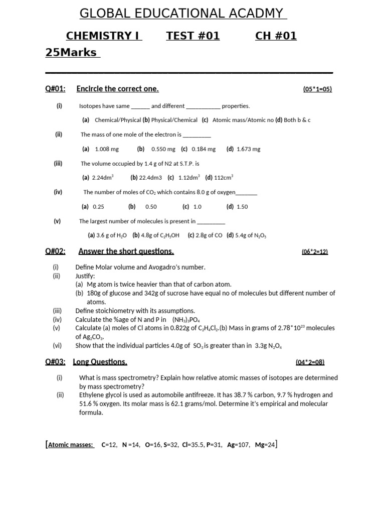 Chemistry I Test #01: Isotopes & Moles | PDF