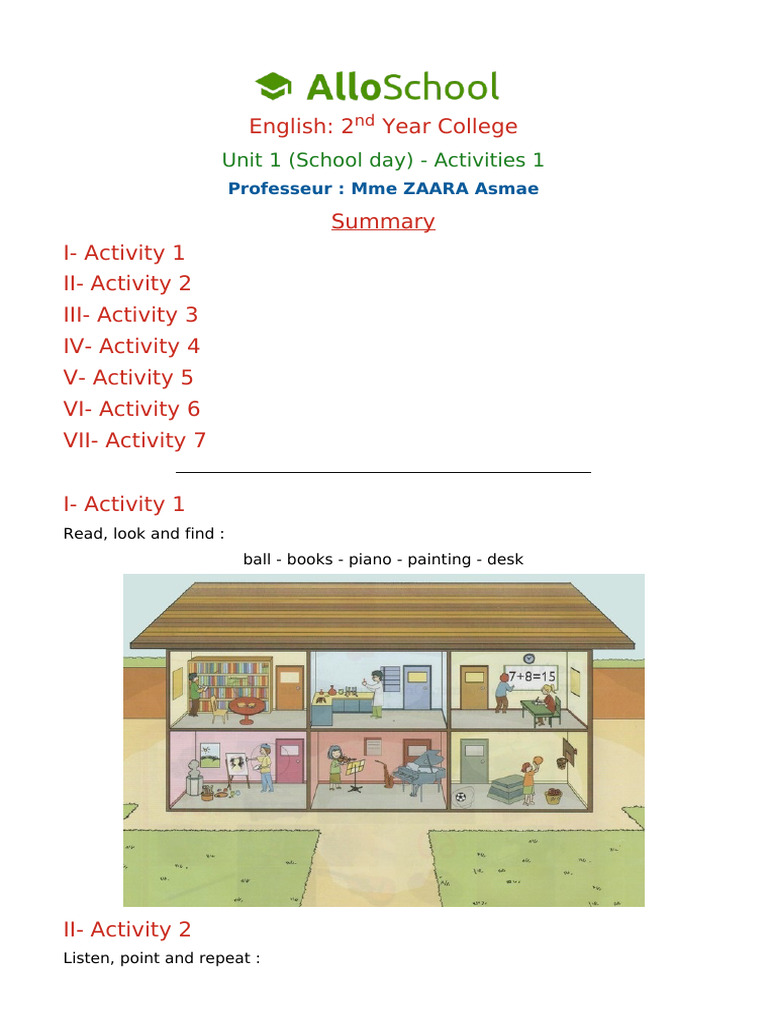 Unit 1 School Day Activities 1 2 | PDF