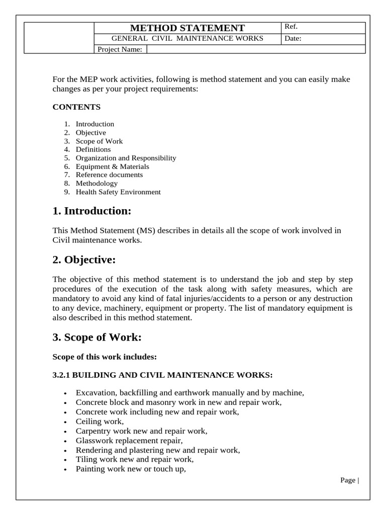Civil Maintenance Work Method Statement | PDF | Sink | Personal ...