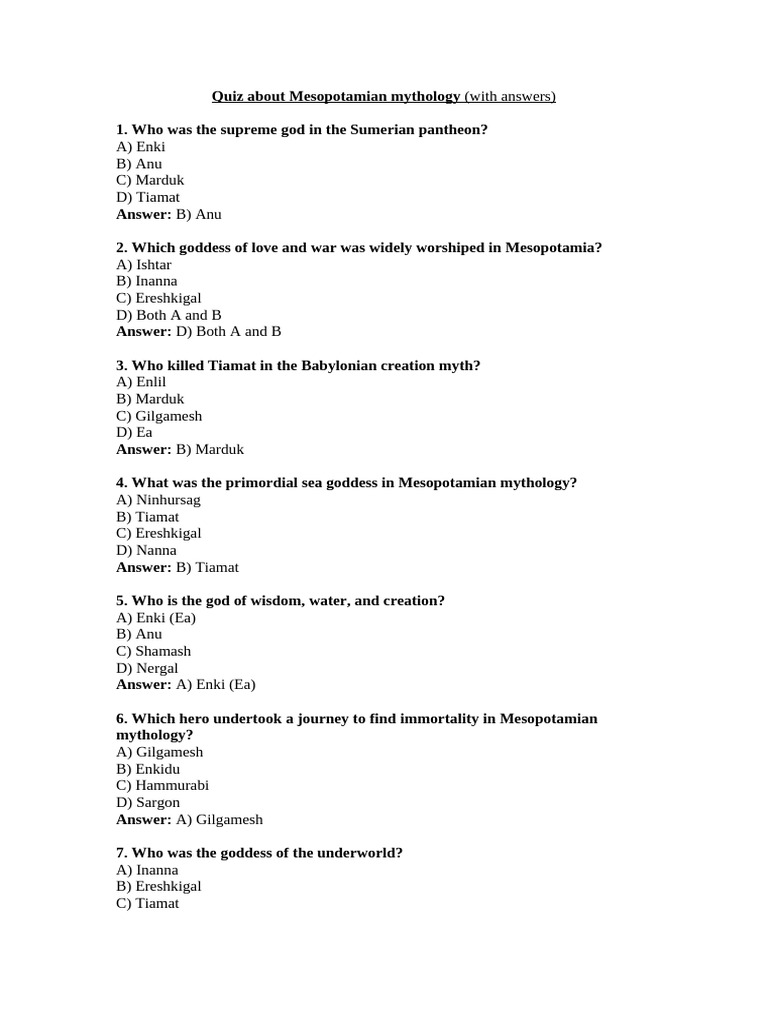 Quiz On Mesopotamian Mythology | PDF | Mesopotamian Mythology ...