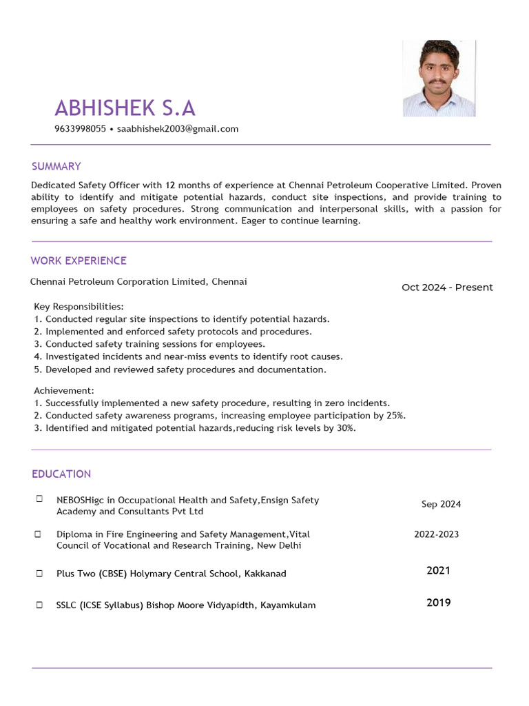 Safety Officer Profile: Abhishek S.A. | PDF