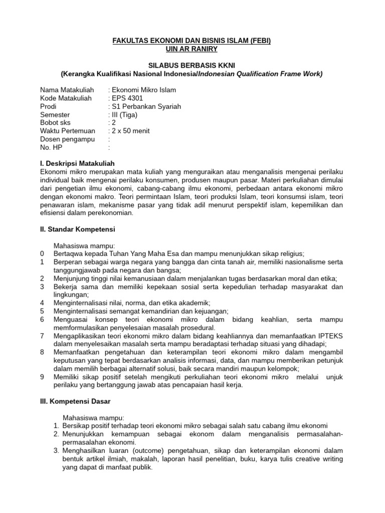 Silabus Ekonomi Mikro Islam FEBI UIN Ar-Raniry | PDF