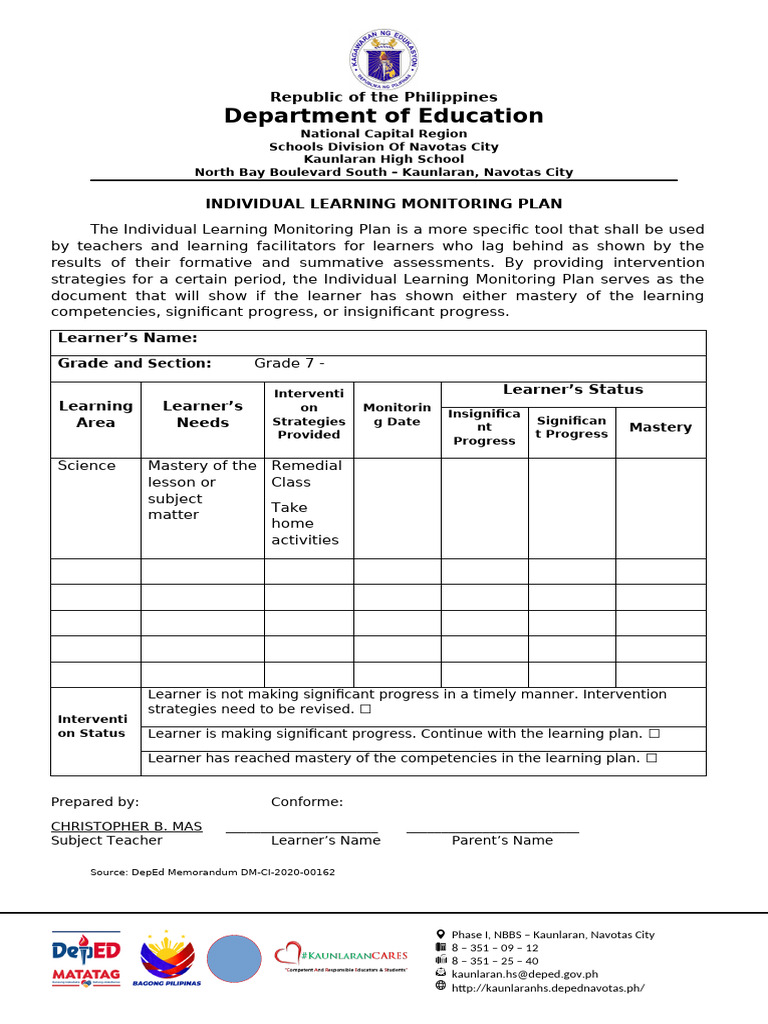 Individual Learning Monitoring Plan | PDF | Learning | Pedagogy