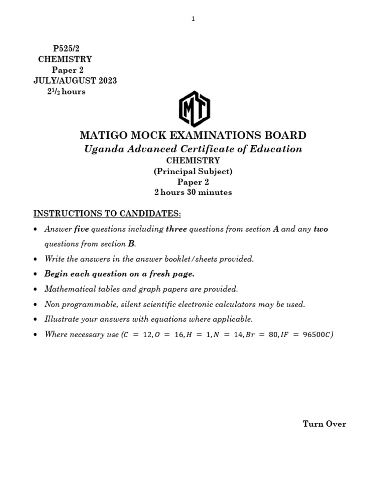 Matigo Mocks Chem2 Uace 2023-1 | PDF | Chlorine | Acid