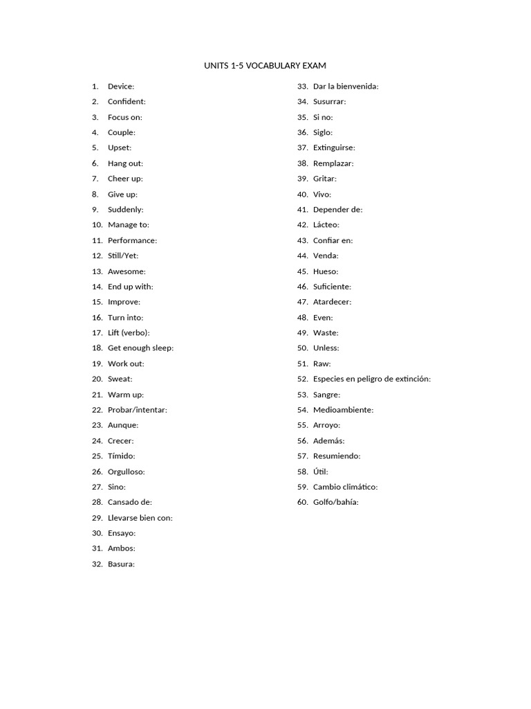 Examen de Vocabulario: Unidades 1-5 | PDF