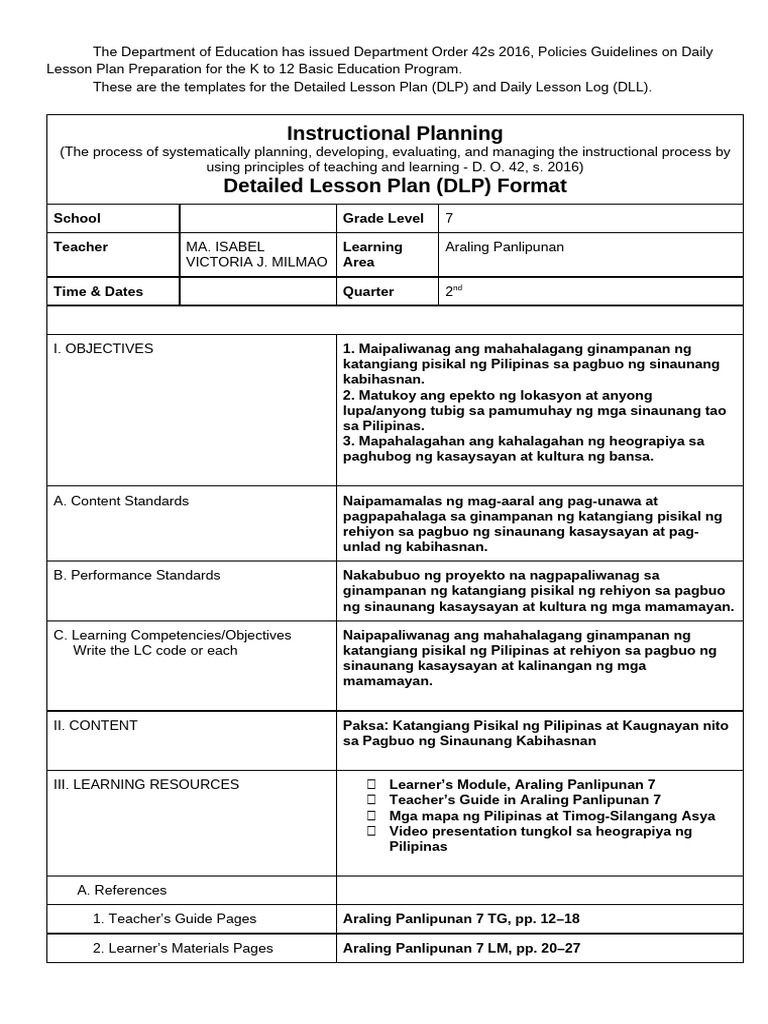 DLP Format for DepEd Order 42, s. 2016 | PDF | Teachers | Lesson Plan