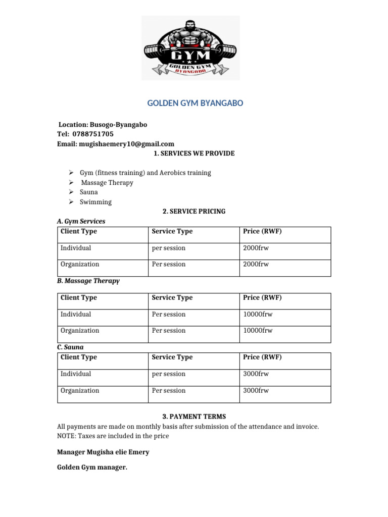 Golden Gym Byangabo Services & Pricing | PDF