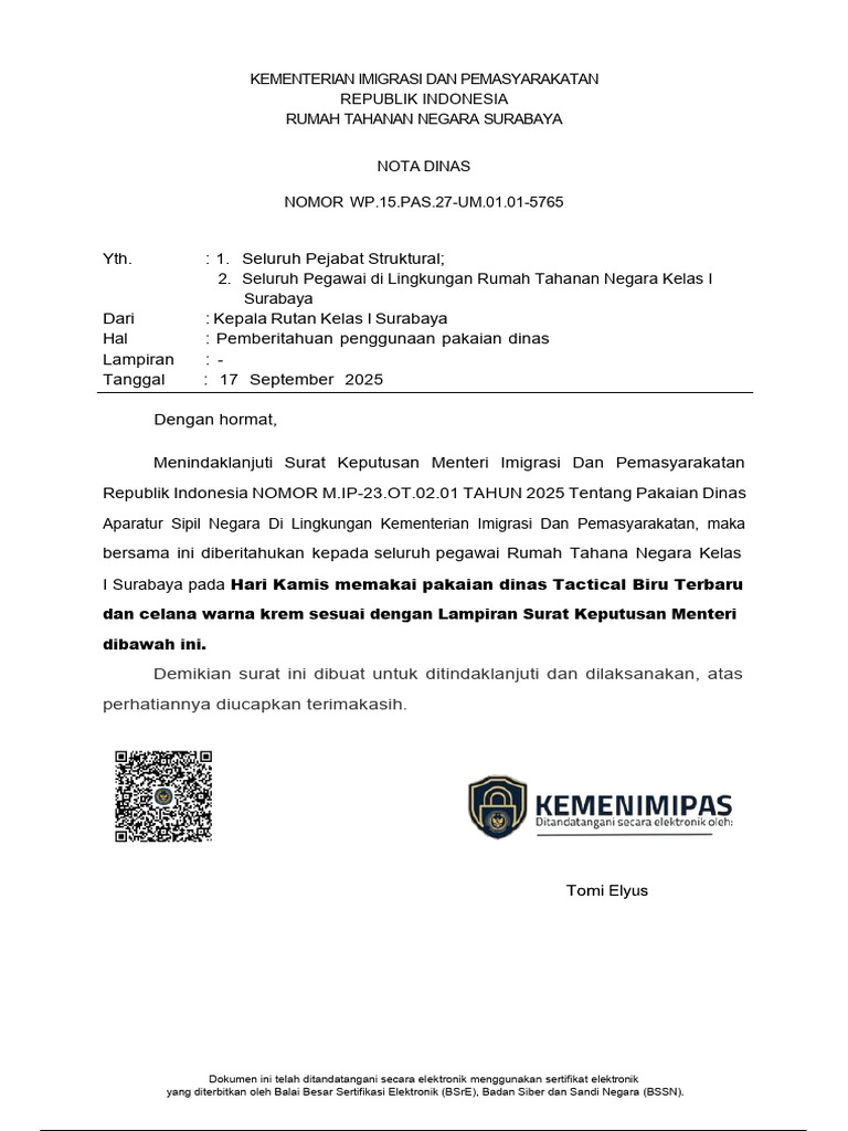 Nota Dinas Pemakaian Pakaian Dinas Tactical Hari Kamis | PDF