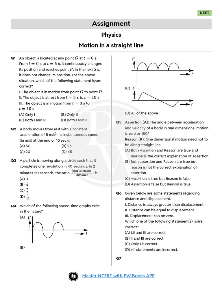 Assignment - Motion in A Straight Line | PDF | Acceleration | Velocity