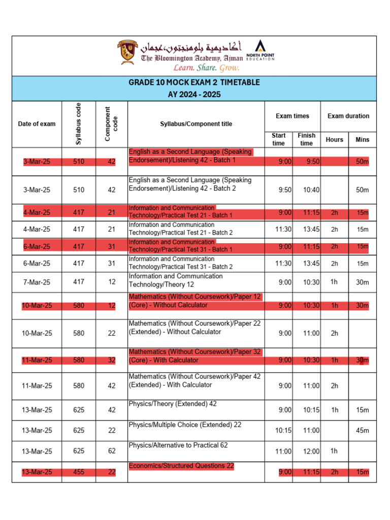 Grade 10 Mock Exam Timetable 2025 | PDF | Qualifications