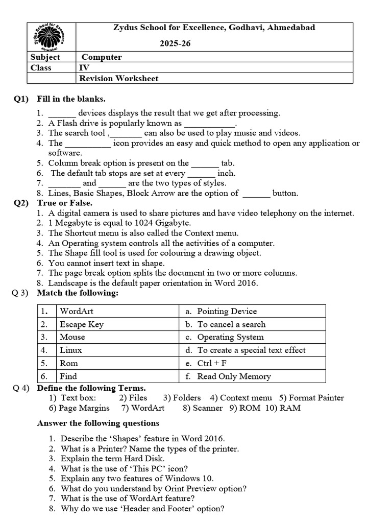 Computer Class IV Revision Worksheet | PDF | Computer File | Operating ...