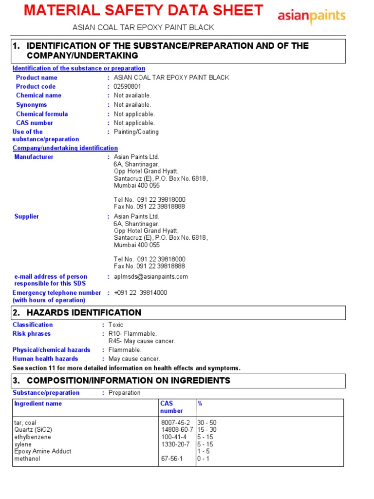 Asian Coal Tar Epoxy Paint MSDS | PDF | Ventilation (Architecture ...