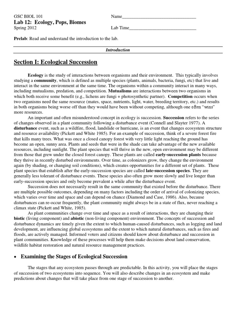 Lab 12 Ecology & Populations | PDF | Pond | Disturbance (Ecology)