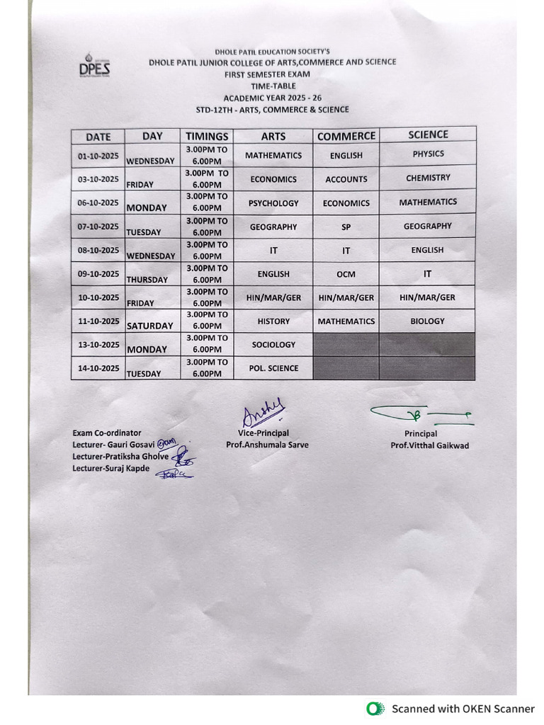 12th First Semester Exam Time Table | PDF
