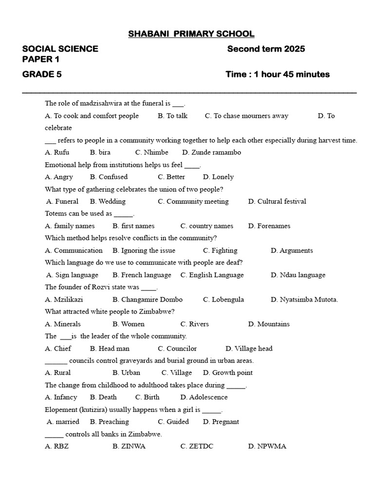 Grade 5 Social Science Exam 2025 | PDF