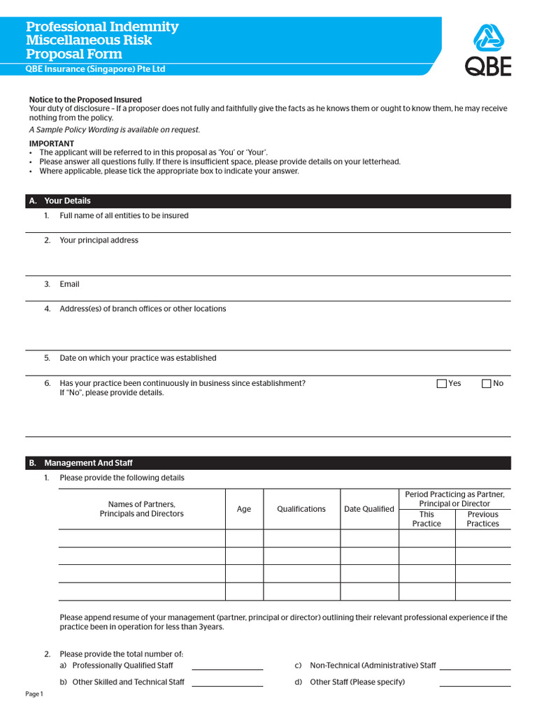 QBE Professional Indemnity Proposal Form | PDF | Insurance | Deductible