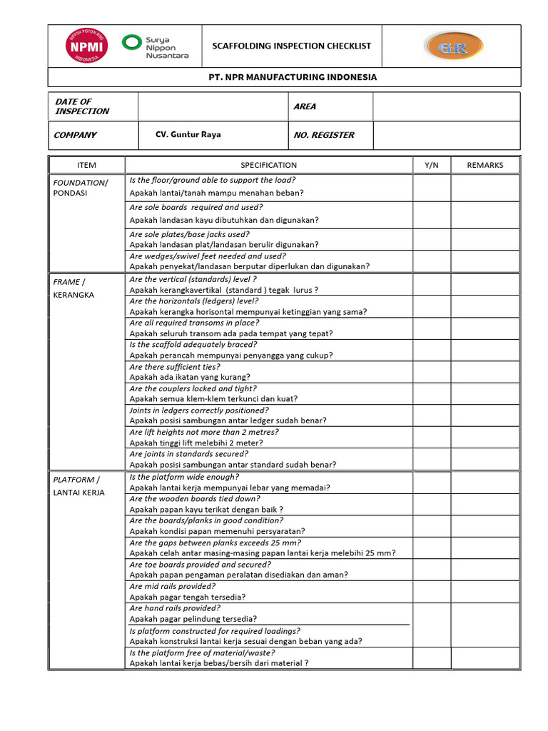 Checklist Inspeksi Perancah Scaffolding | PDF