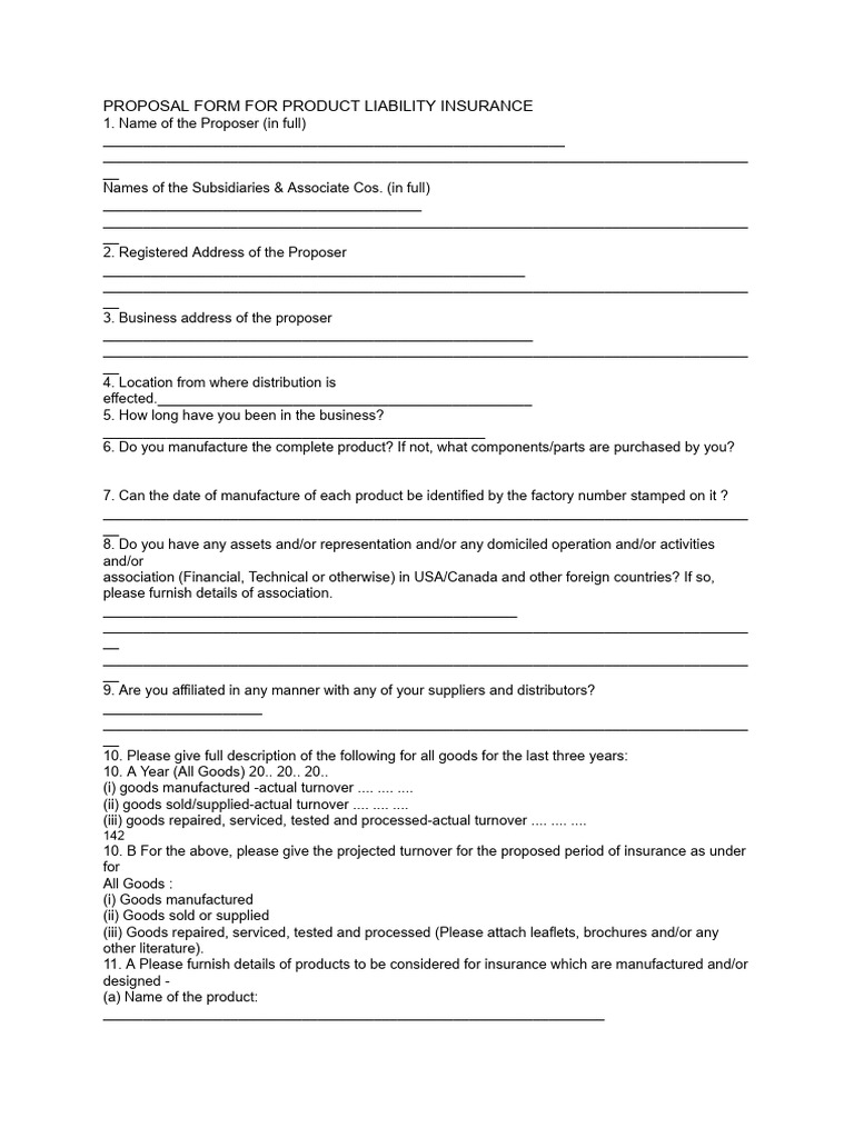 Product Liability Proposal Form | PDF | Misrepresentation | Private Law