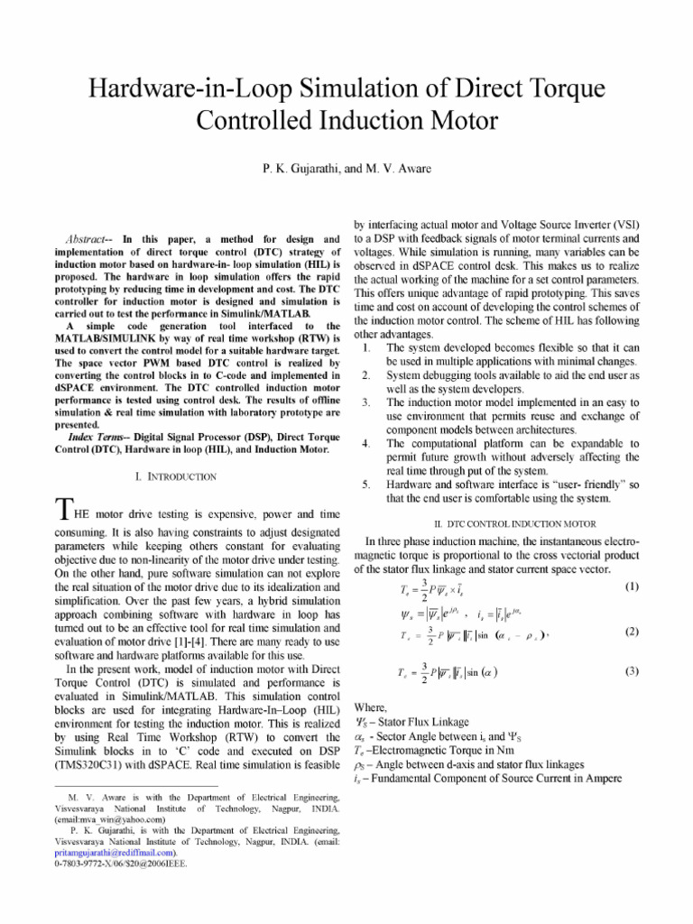 Hardware-in-Loop Simulation of Direct Torque Controlled Induction Motor | PDF | Power Inverter ...