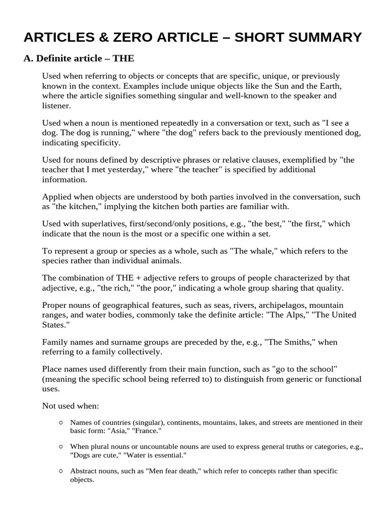 Articles & Zero Article - Short Summary | PDF | Noun | Plural