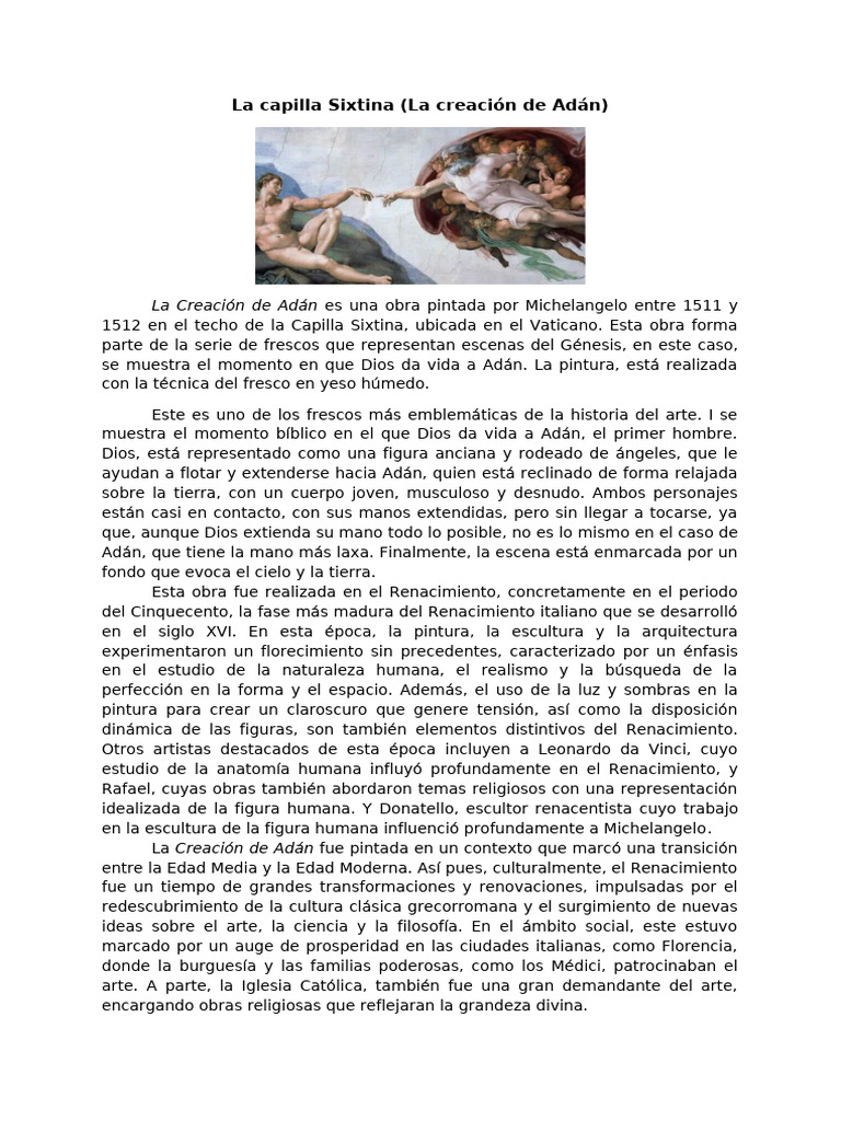 La Capilla Sixtina (La Creación de Adán) | PDF | Renacimiento | Miguel Ángel