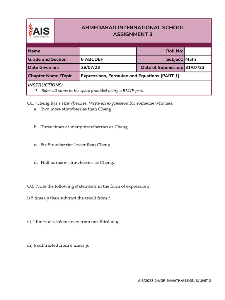 Ais 2023-24 Gr-6 Math Assign-3 Unit-2 | PDF