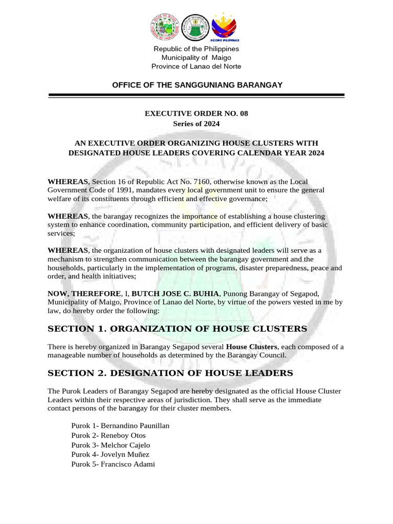 EO No. 08 For BADAC House Cluster | PDF | Justice | Crime & Violence