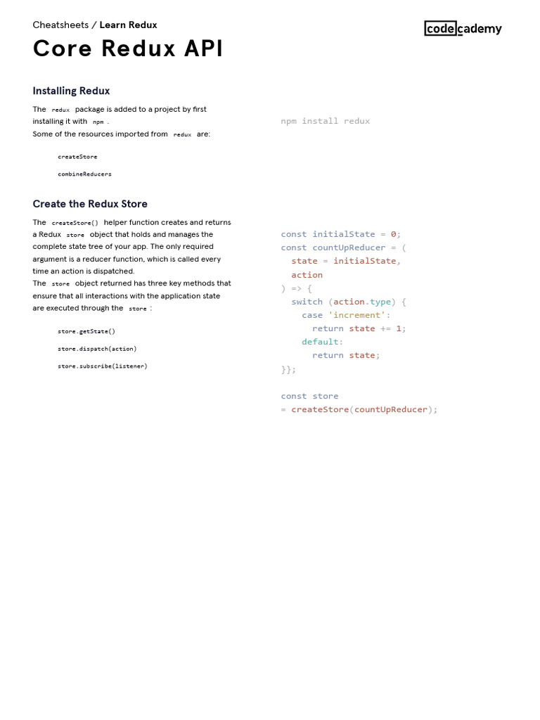 Learn Redux - Core Redux API Cheatsheet - Codecademy | PDF | Java Script | Callback (Computer ...