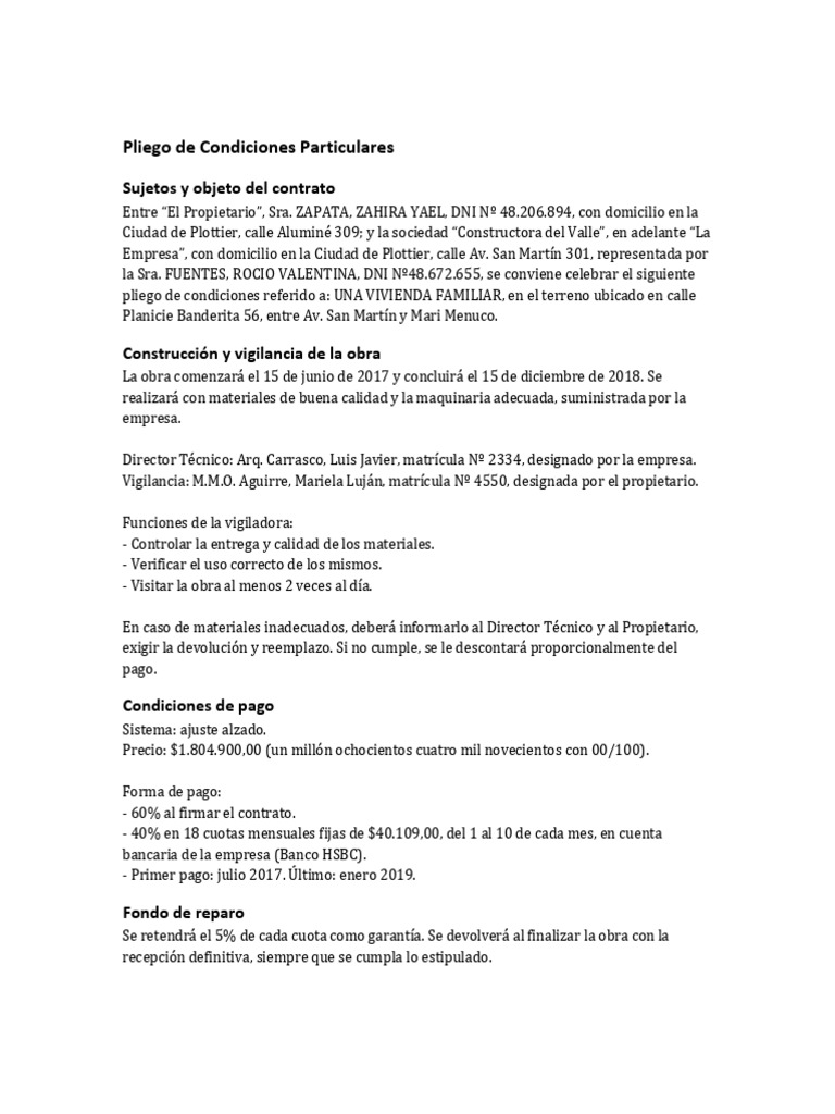 Pliego de Condiciones para Vivienda | PDF