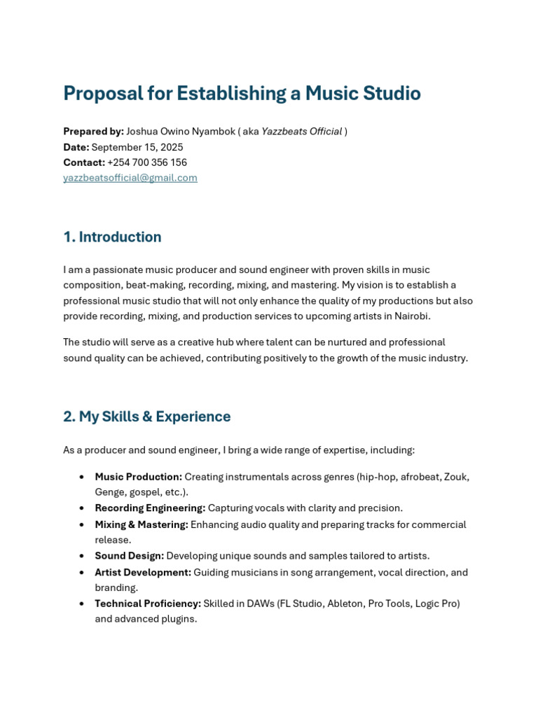 Music Studio Business Proposal | PDF | Audio Engineering | Sound Production