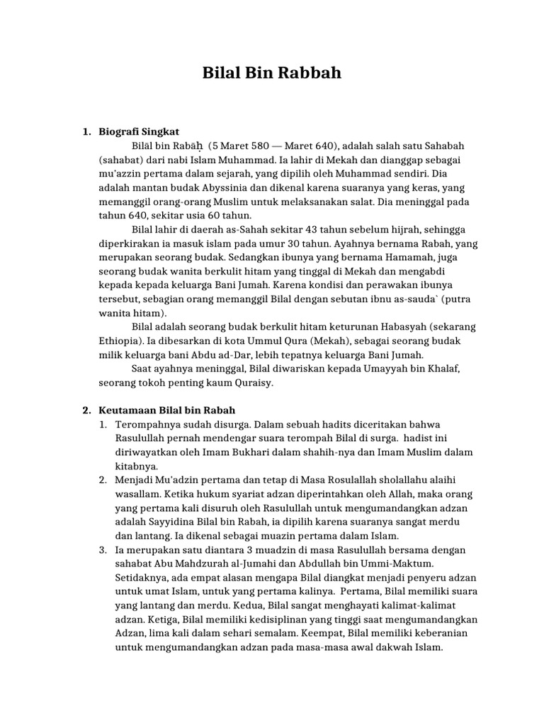 Biografi Singkat Bilal Bin Rabah | PDF